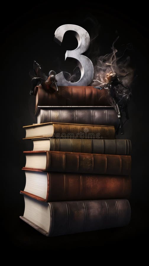Stack of Old Books with Number Three on Dark Background, Conceptual ...