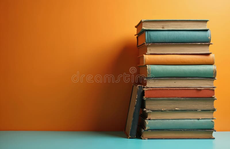 Stack of Old Books on Orange Background. Books with Colorful Covers ...