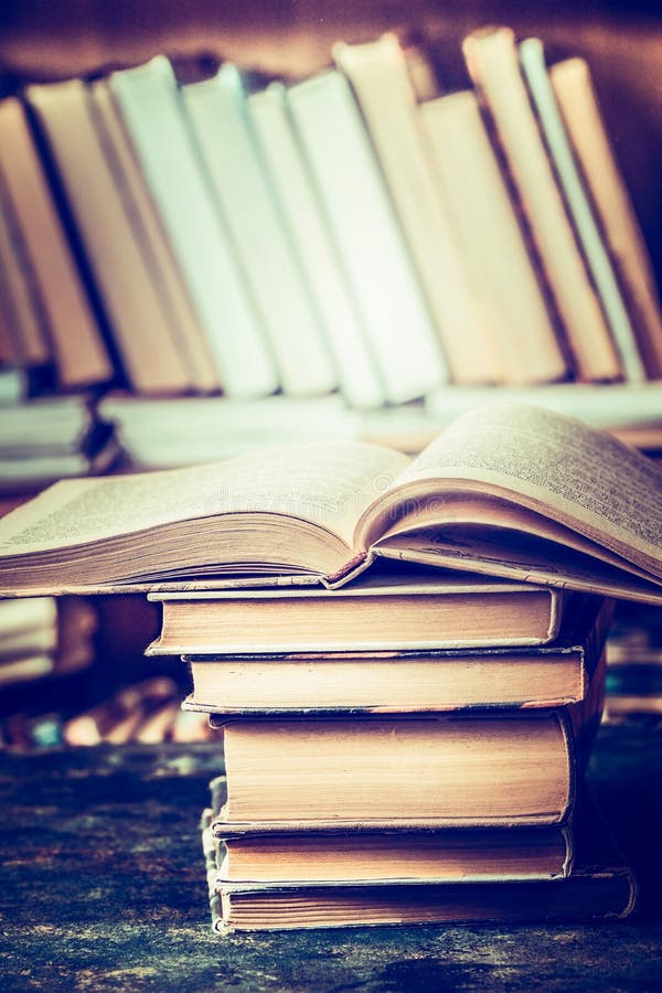 Stack of Old Books at Rack with Books, Front View. Reading,schooling or ...