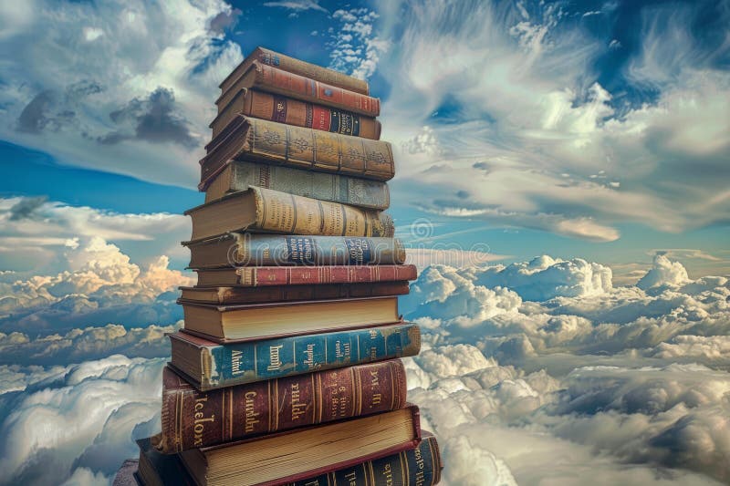Stack of Old Books Reaching High Above the Clouds Stock Photo - Image ...