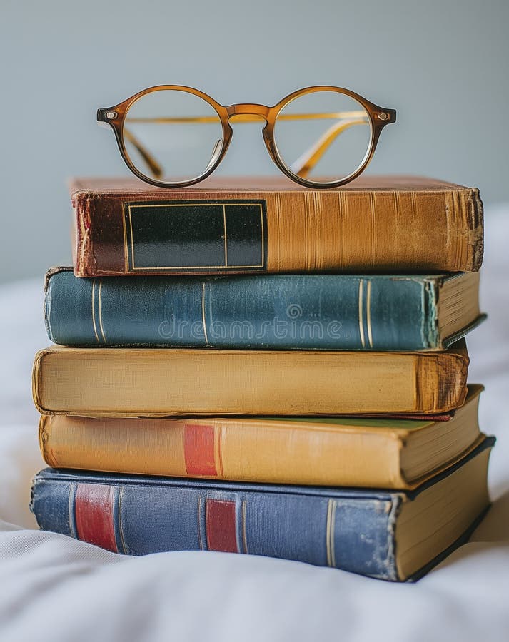 Stack of Old Books and Reading Glasses on the Top Stock Illustration ...