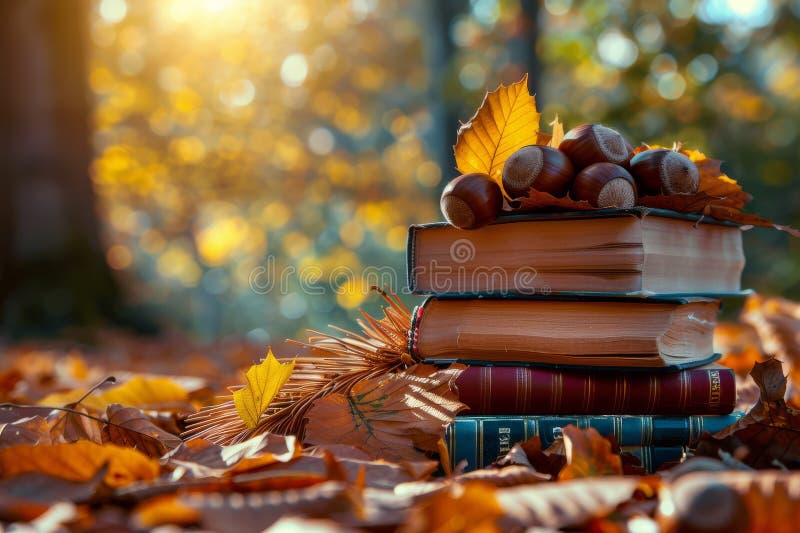 A Stack of Old Books Resting on Autumn Leaves in a Forest Stock Photo ...