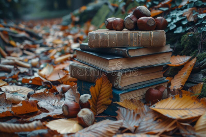 A Stack of Old Books Resting on Autumn Leaves in a Forest Stock Photo ...