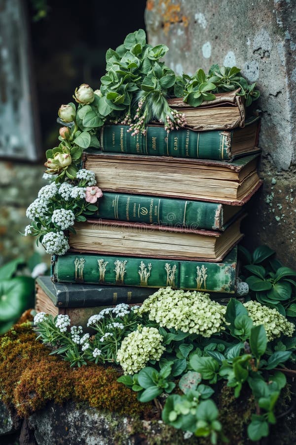 A Stack of Old Books Sitting on Top of a Stone Wall Stock Image - Image ...