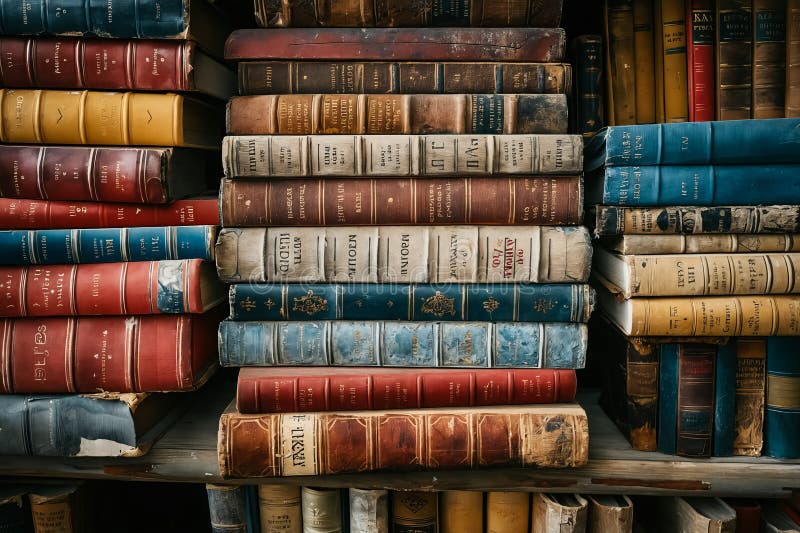 A Stack of Old Books Sitting on Top of a Wooden Shelf Stock Image ...