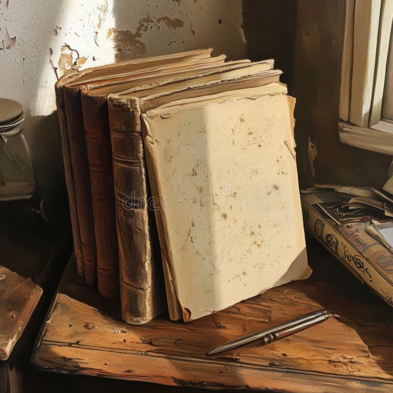 A Stack of Old Books Sitting on Top of a Wooden Table Stock ...