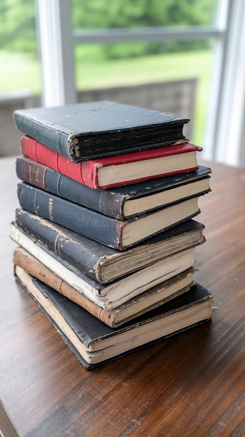 A Stack of Old Books Sitting on Top of a Wooden Table Stock Photo ...
