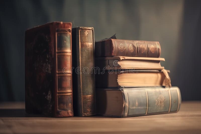 A Stack of Old Books Sitting on Top of a Wooden Table Next To Each ...