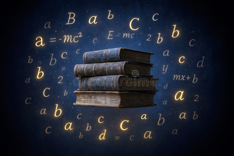 Stack of Old Books Surrounded by Floating Letters and Equations Stock ...