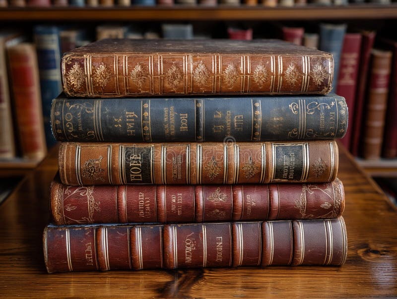A Stack of Old Books on Table Against Background of Bookshelf in ...