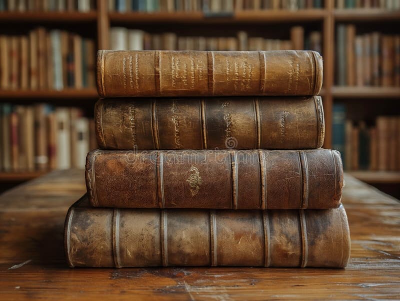 A Stack of Old Books on Table Against Background of Bookshelf in ...