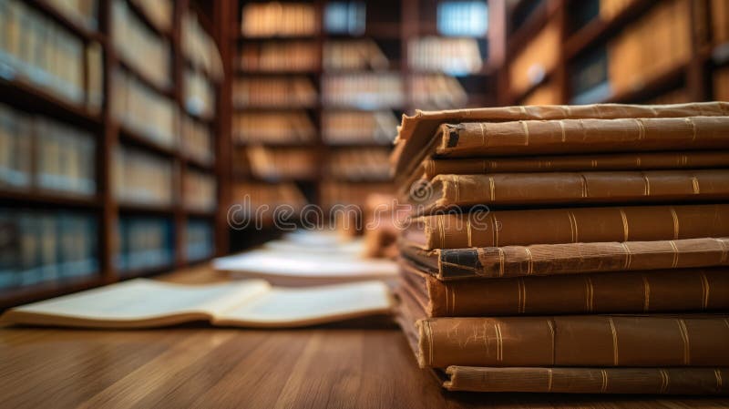 A Stack of Old Books on Table Against Background of Bookshelf in ...