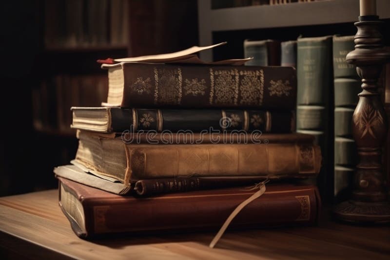 A Stack of Old Books on Table Against Background of Bookshelf in ...