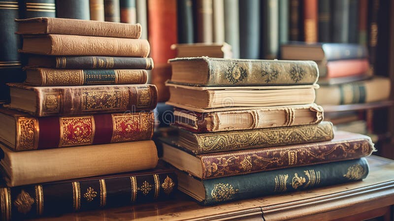 A Stack of Old Books on Table Against Background of Bookshelf in ...