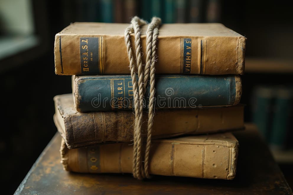 A Stack of Old Books Tied Up with a Rope Stock Photo - Image of peak ...