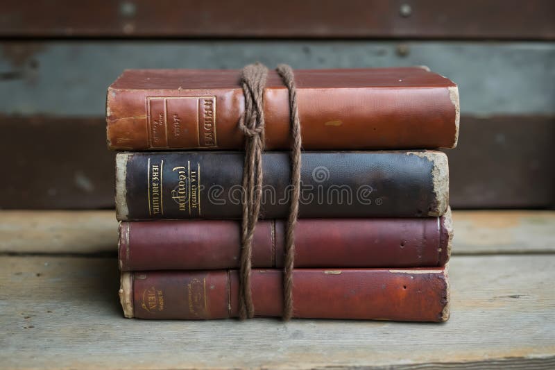 A Stack of Old Books Tied Up with a Rope Stock Photo - Image of label ...