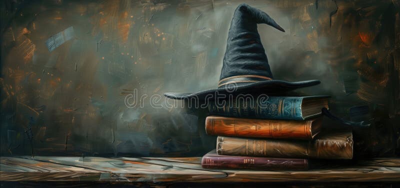 Stack of Old Books with a Wizard S Hat Placed on Top in a Mystical and ...