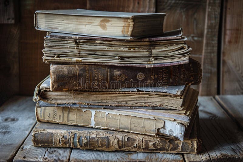 Stack of Old Books on a Wooden Table Stock Illustration - Illustration ...