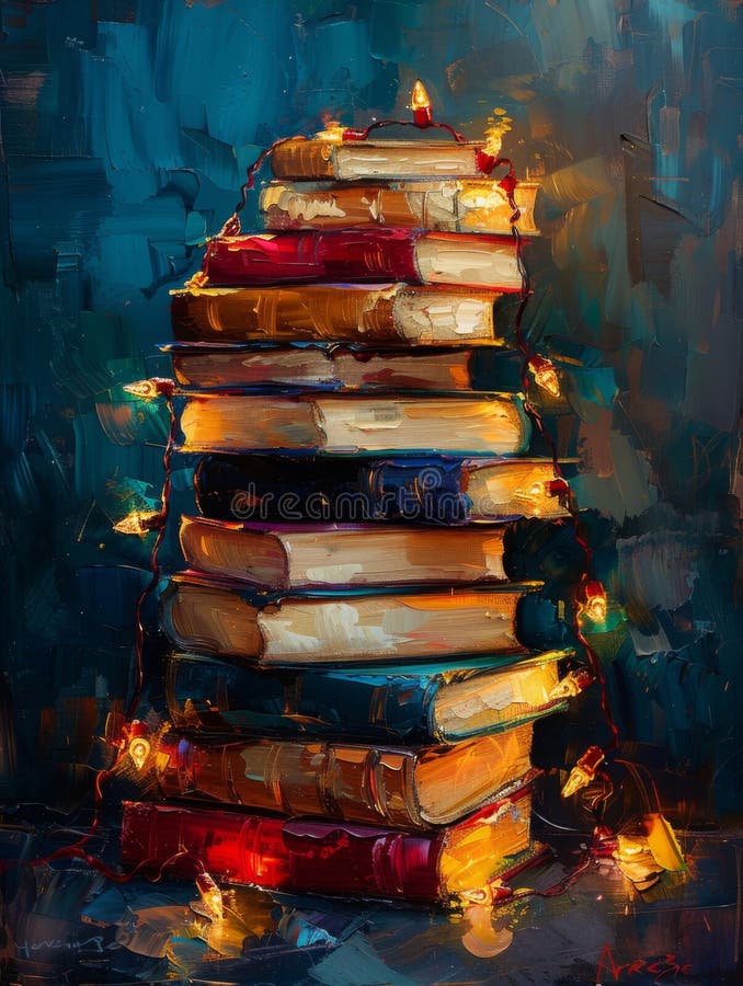 Stack of Old Books Wrapped in Glowing String Lights by Artist in ...