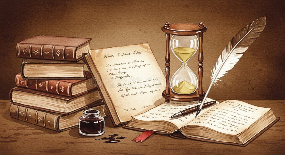 Stack of Old Brown Books beside Parchment Papers Inscribed with Text. a ...