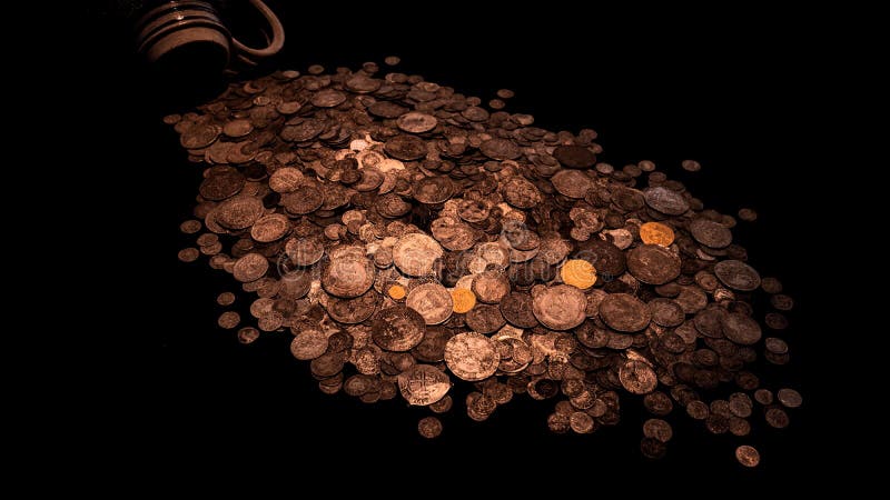 Stack of Old Coins on the Black Surface - Treasure Adventure Concept ...