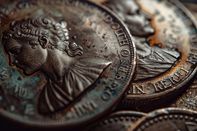 A Stack of Old Coins with a Woman& X27;s Face on Them Stock Photo ...