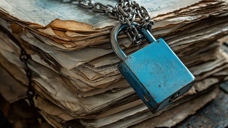 Stack of Old Documents Secured with a Chain and a Blue Metal Padlock ...