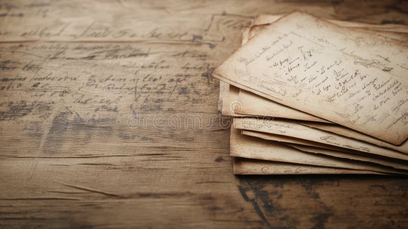 A Stack of Old, Handwritten Papers on a Wooden Surface. the Papers are ...