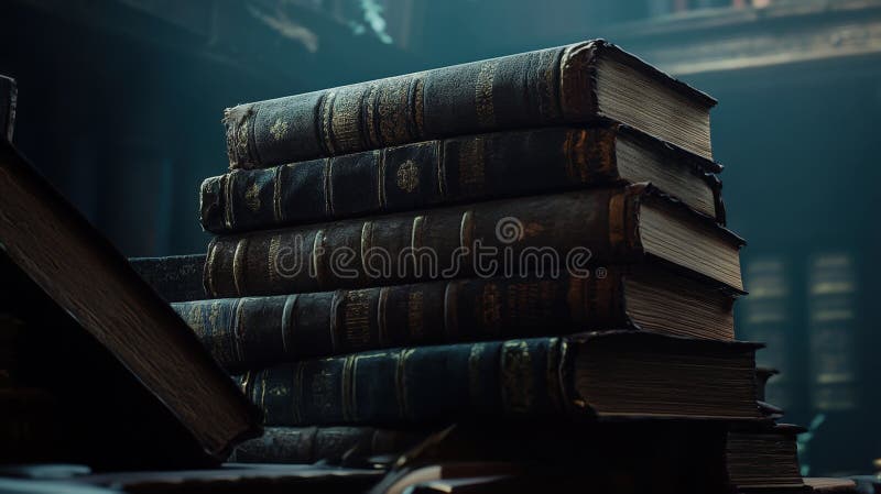 Stack of Ancient Leather-bound Books in a Dark Library Stock Photo ...