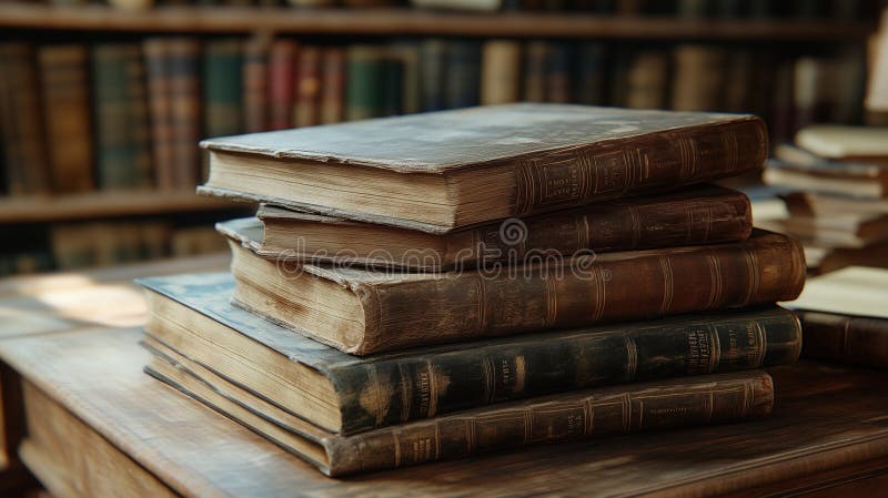 Stack of Old Leather-bound Books on a Wooden Table with Bookshelves in ...