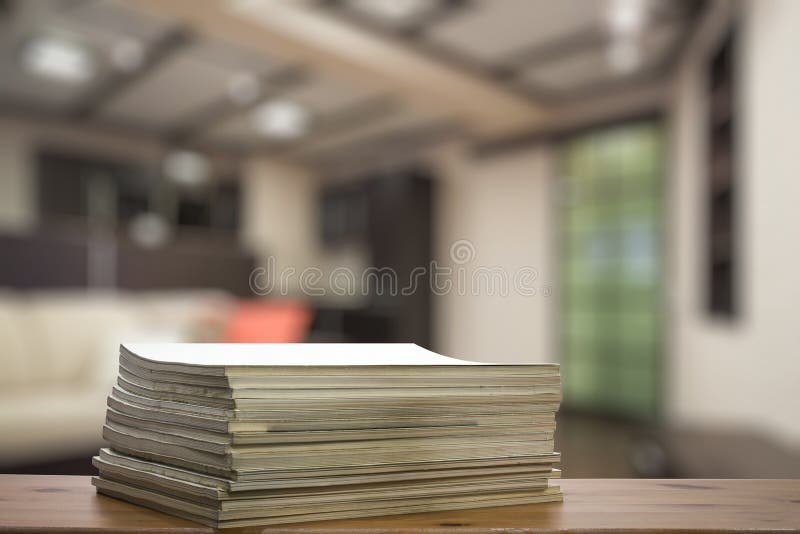 Stack of Old Magazines on Wooden Table Stock Image - Image of blur ...