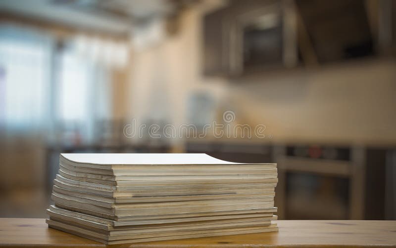 Stack of Old Magazines on Wooden Table Stock Image - Image of empty ...