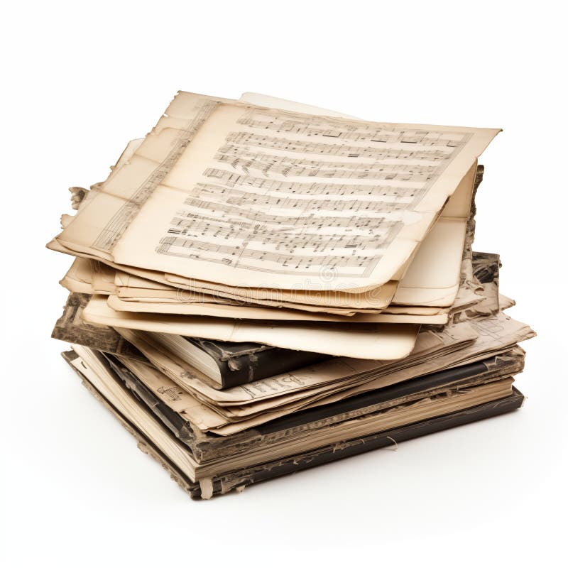 Stack of Old Music Sheets and Worn Books on a White Background Stock ...