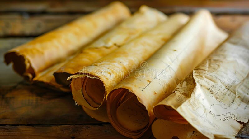 A Stack of Old Paper Rolls on a Wooden Table Stock Image - Image of ...