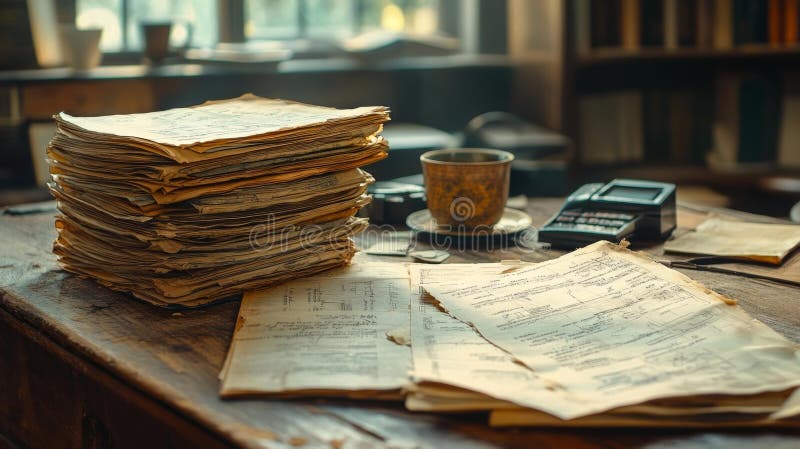 A Stack of Old Papers and Financial Documents on a Rustic Desk with a ...