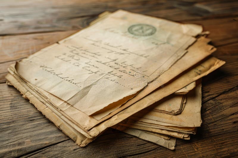 Stack of Old Papers with Handwriting Lying on a Wooden Table Stock ...