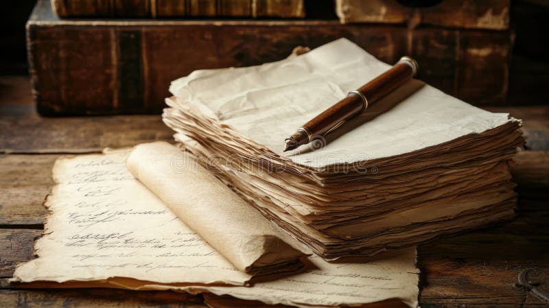 A Stack of Old Papers with a Pen on Top of it Stock Illustration ...