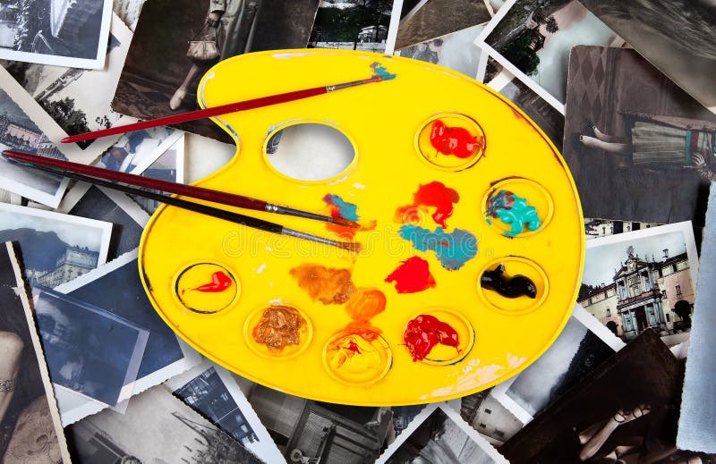 Stack of Old Photos with Yellow Palette. Stock Photo - Image of brush ...