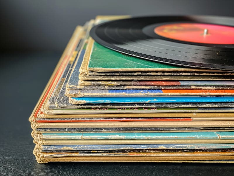 A Stack of Old Records with a Red and White One on Top Stock Image ...
