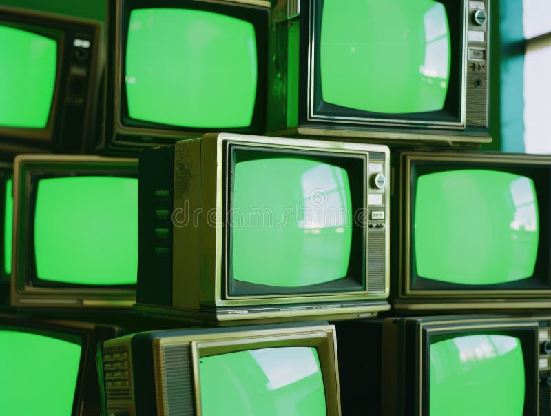Stack of Old Televisions with a Green Screen Stock Image - Image of ...