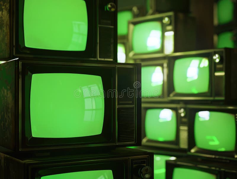 Stack of Old Televisions with a Green Screen Stock Photo - Image of ...