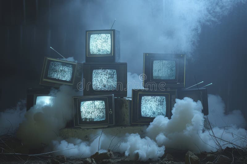 Stack of Old Televisions with Static Display in a Smoky Environment ...