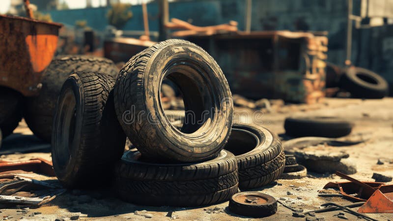 Stack of Old Tires in an Abandoned Junkyard. Stock Image - Image of ...
