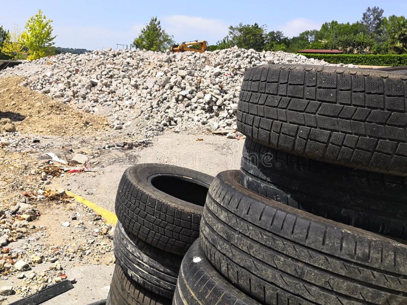 Stack of Old Tires, on a Construction Site, on a Sunny Day Stock Photo ...