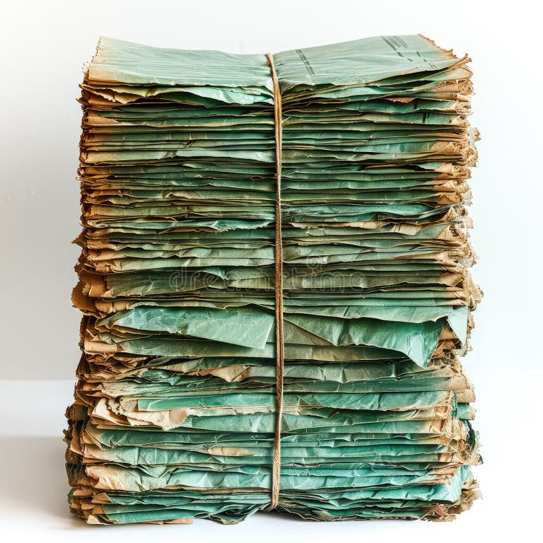 A Stack of Old, Torn Green Paper with a Green String Tied To it Stock ...