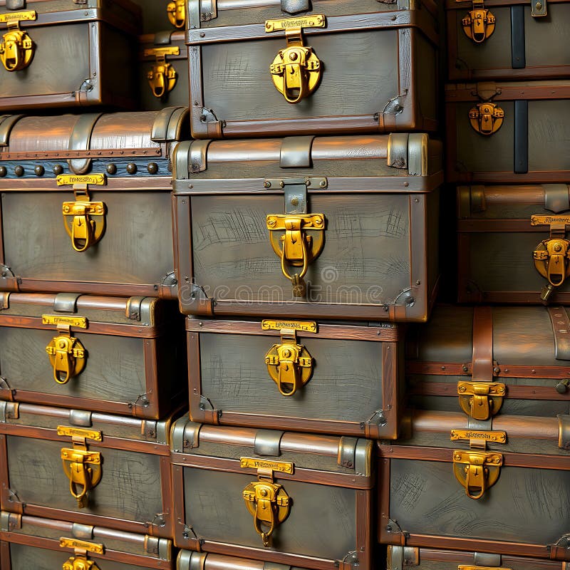 A Stack of Old Treasure Chests with Golden Locks Stock Illustration ...