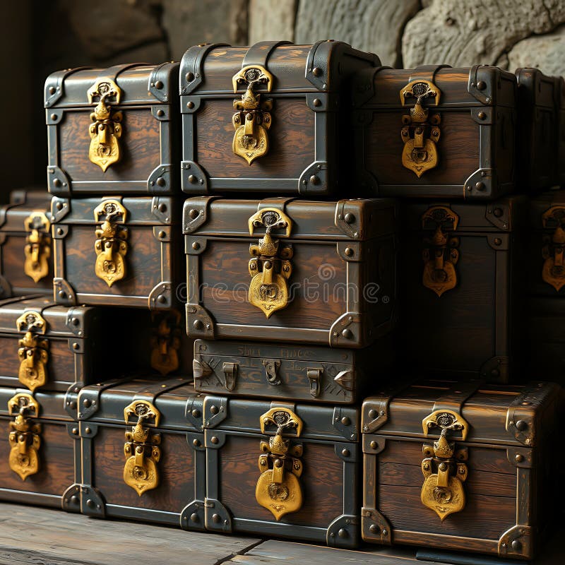 A Stack of Old Treasure Chests with Golden Locks Stock Illustration ...
