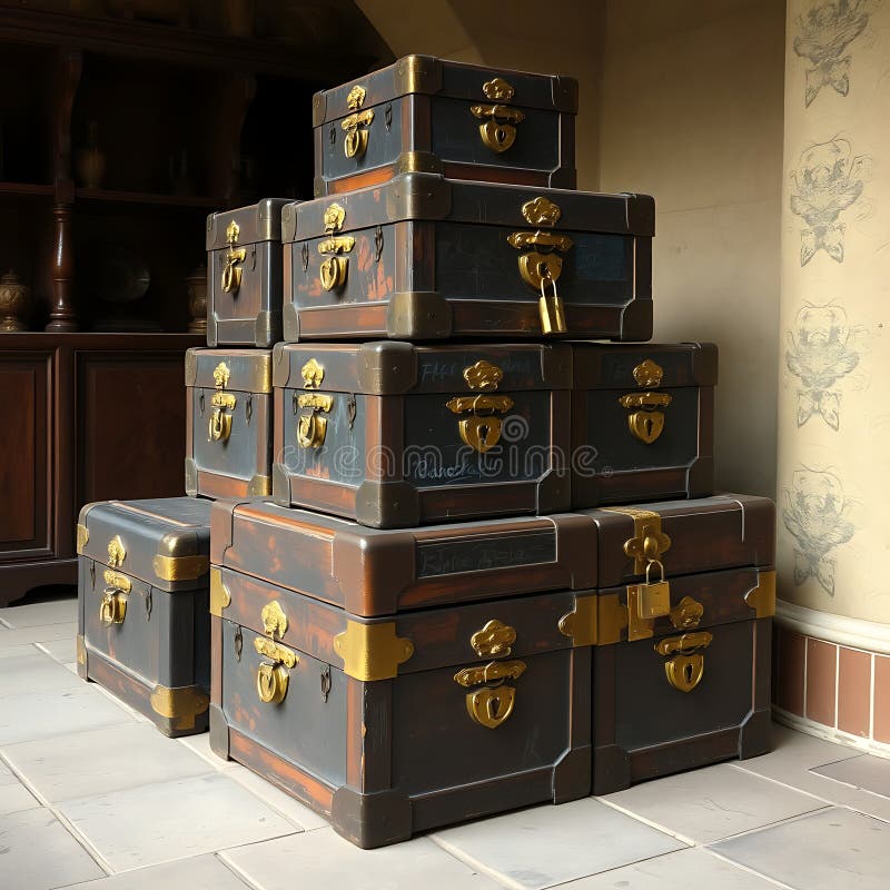 A Stack of Old Treasure Chests with Golden Locks Stock Illustration ...