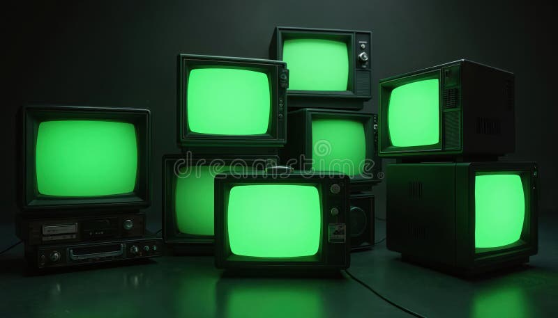 Stack of Old TVs with Blank Green Screen. Vintage Televisions Pile ...