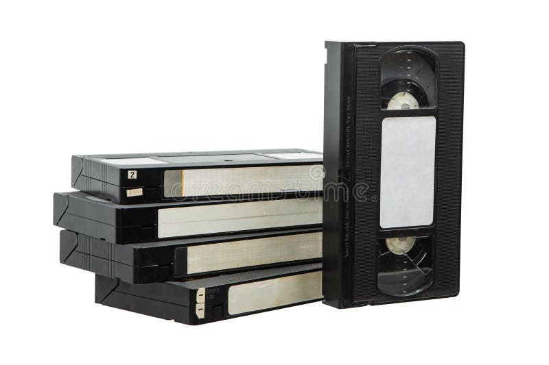 Stack of Old VHS Video Tapes with Worn Labels and One Tape Standing ...
